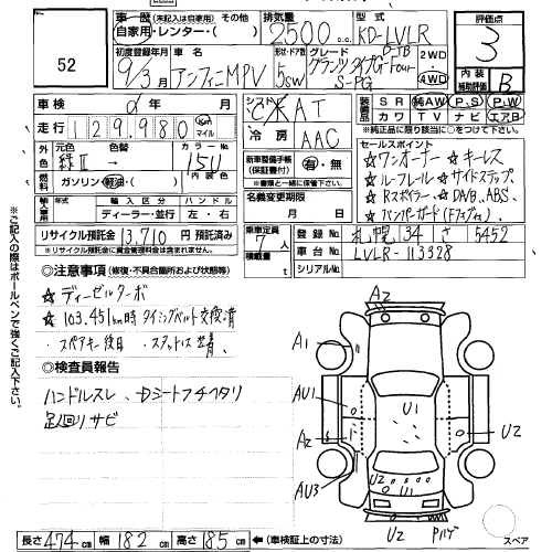 MAZDA MPV LVLR. Перевод аукционного листа USS Sapporo Лот №52